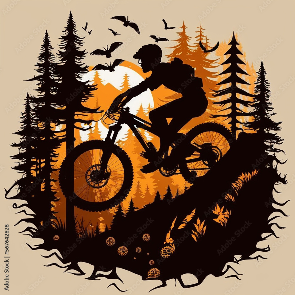 Silhouette MTB downhill, enduro cross mountain biker doing an extreme ...