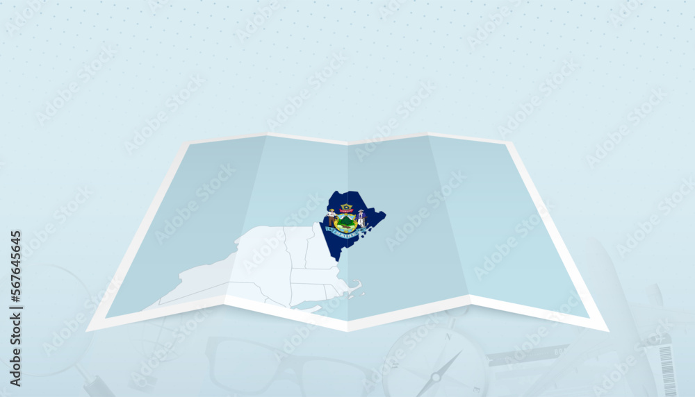 Map of Maine with the flag of Maine in the contour of the map on a trip ...