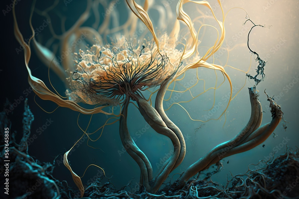 abstract illustration of cordyceps fungus hypha mycelium tendrils ...