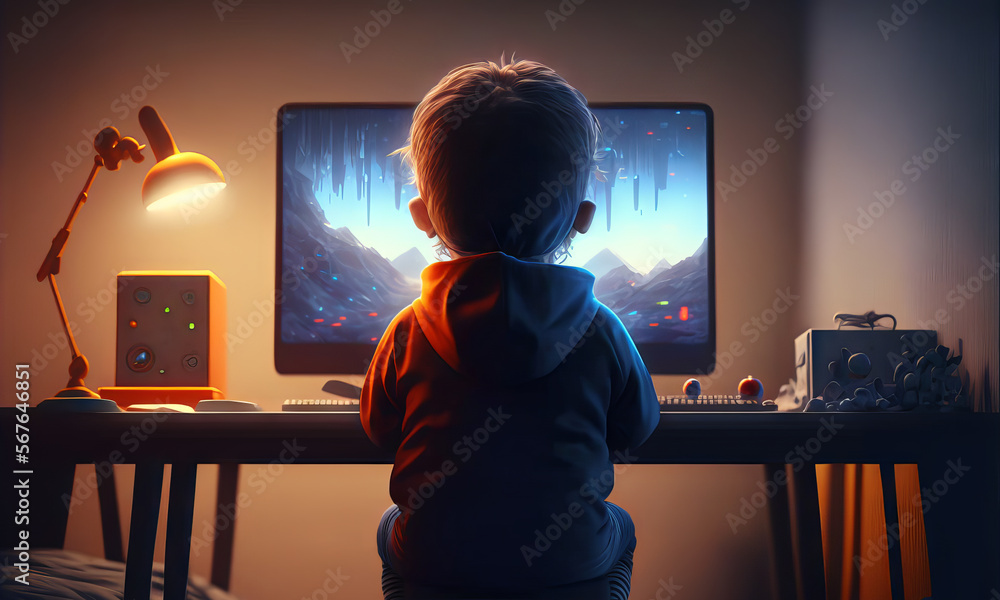 Kid playing video games in his room. Back view of a child sitting in ...