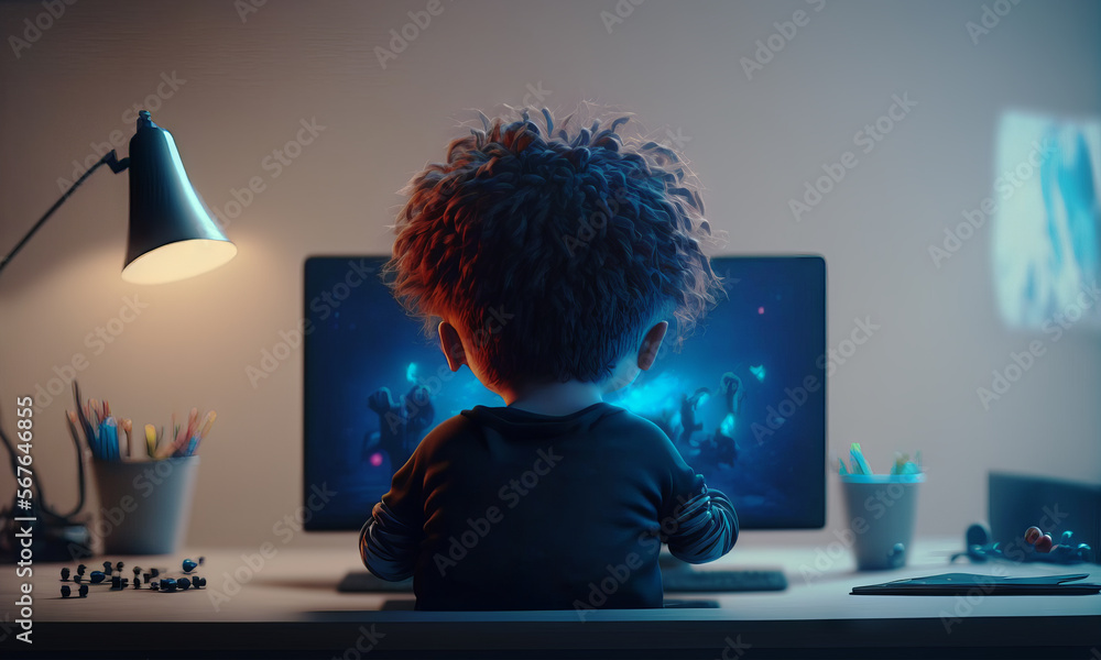 Kid playing video games in his room. Back view of a child sitting in ...