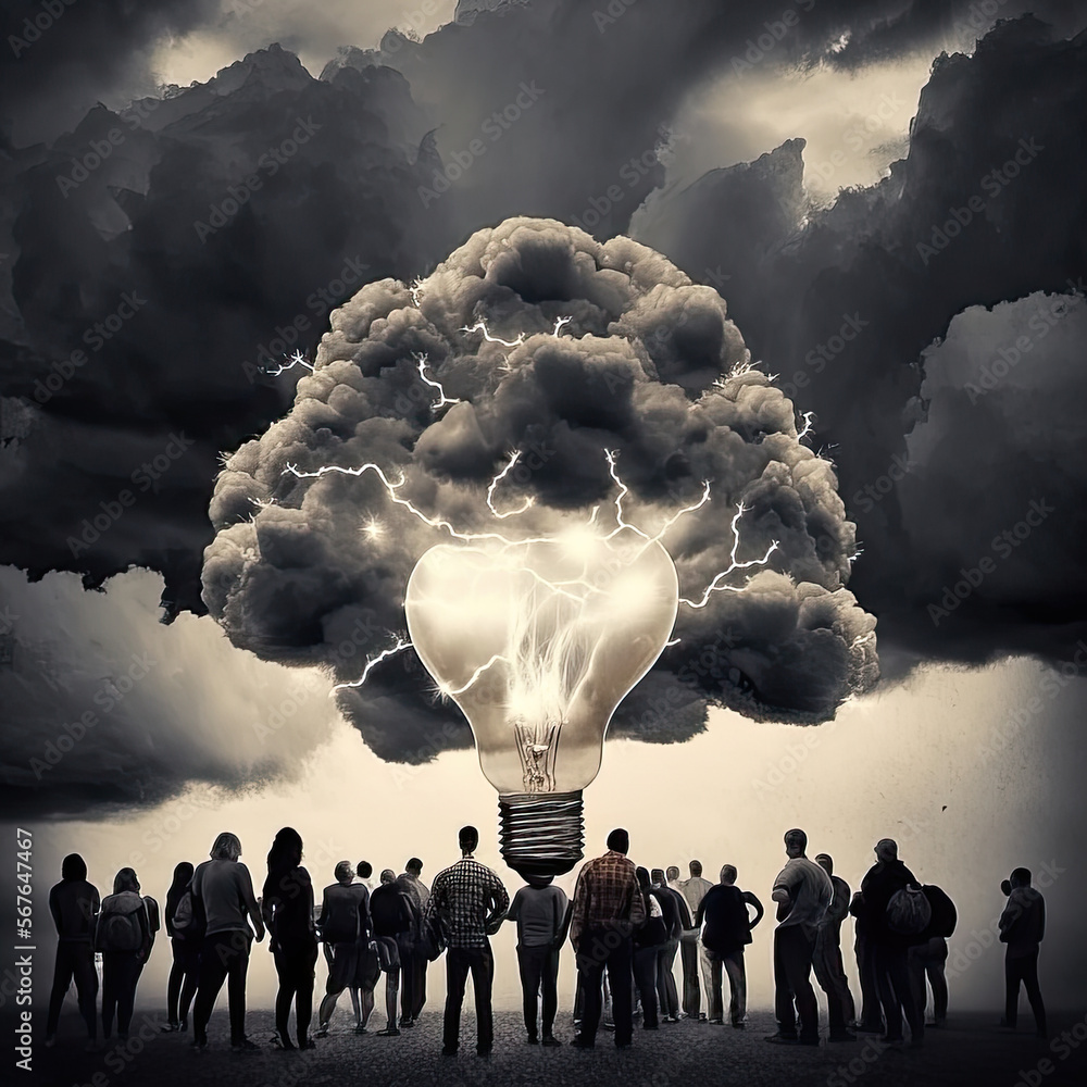 Brainstorming concept - Storm cloud forming a light bulb, concept of ...