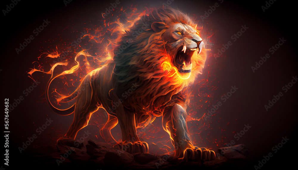 Roaring mighty fantasy lion with flames and glowing around, generative ...