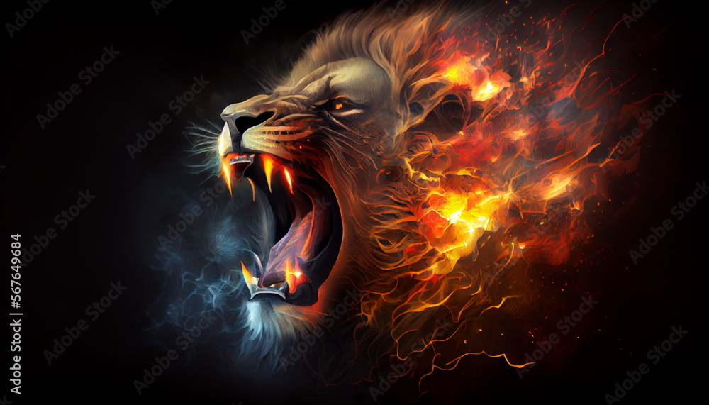 Roaring mighty fantasy lion with flames and glowing around, generative ...