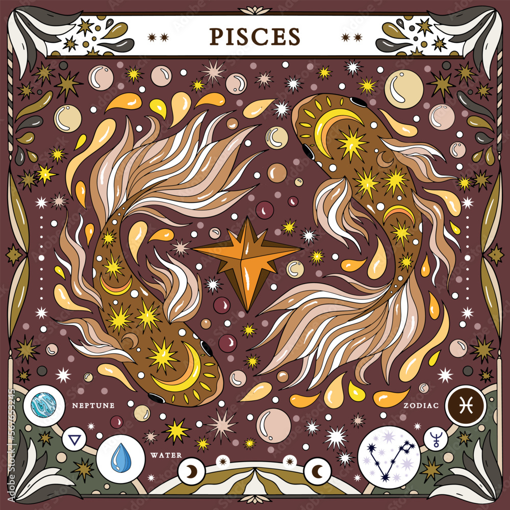 Pisces sign of the zodiac. Modern magical astrological map. Magical ...