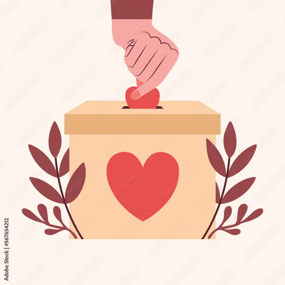 International Day of Charity. Hand puts heart in donation box. Modern ...