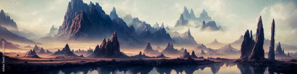 A panoramic painting depicts a dangerous and ominous landscape of ...