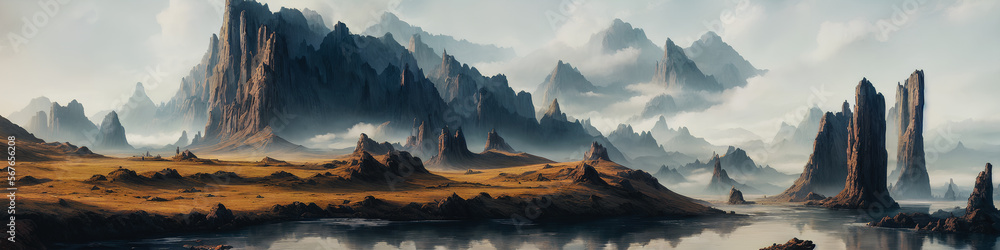 A panoramic painting depicts a dangerous and ominous landscape of ...