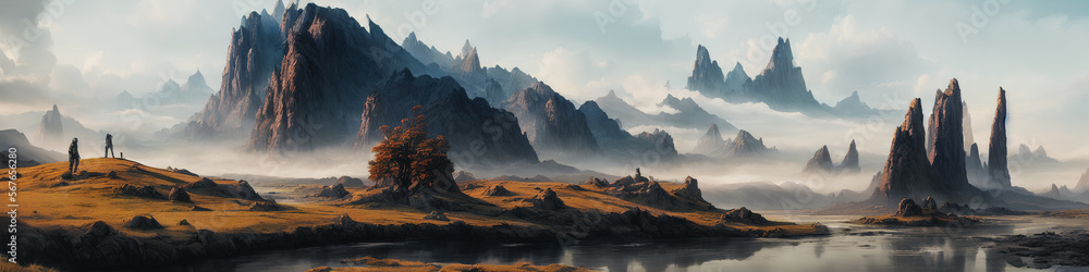 A panoramic painting depicts a dangerous and ominous landscape of ...