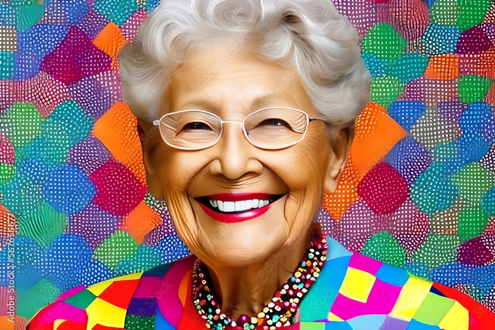Stylized portrait of a beautiful smiling modern white grandmother woman ...
