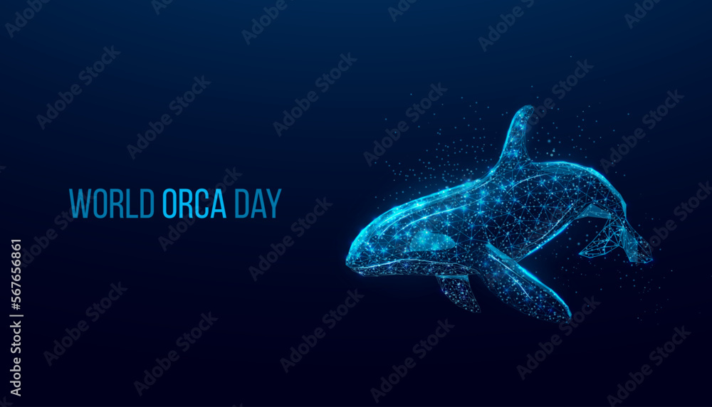 World orca day. Wireframe glowing low poly Orca whale. Design on dark ...