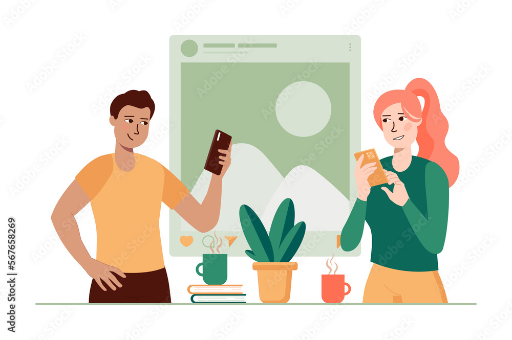 Green concept social network with people scene in the flat cartoon ...
