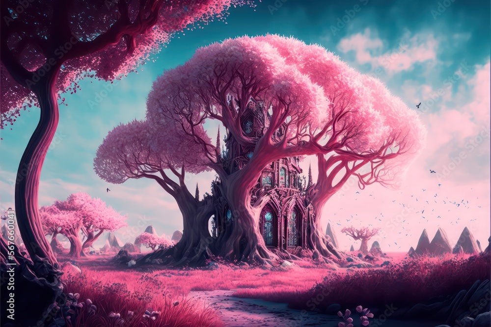 Palace or castle in hidden in the pink forest. Home hidden in pink ...