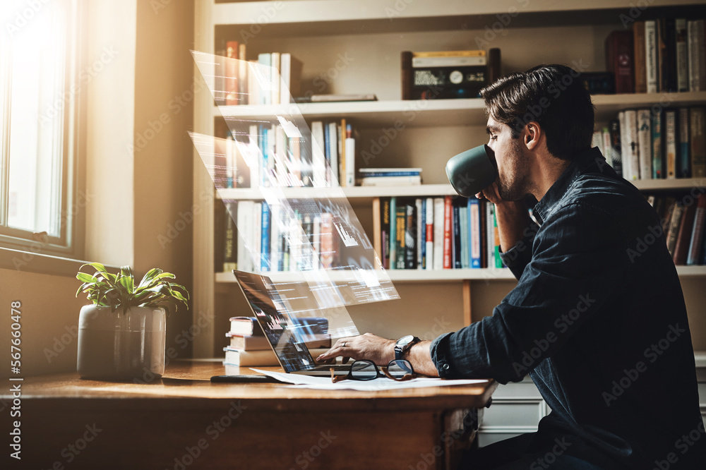 Business man with laptop, forex and futuristic digital transformation ...
