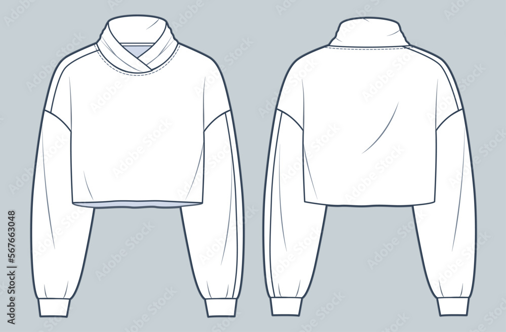 Cropped Sweatshirt technical fashion illustration. Roll Neck Sweatshirt ...