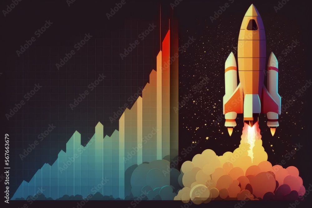 Rocket ship illustration with bar chart, gradient background ...