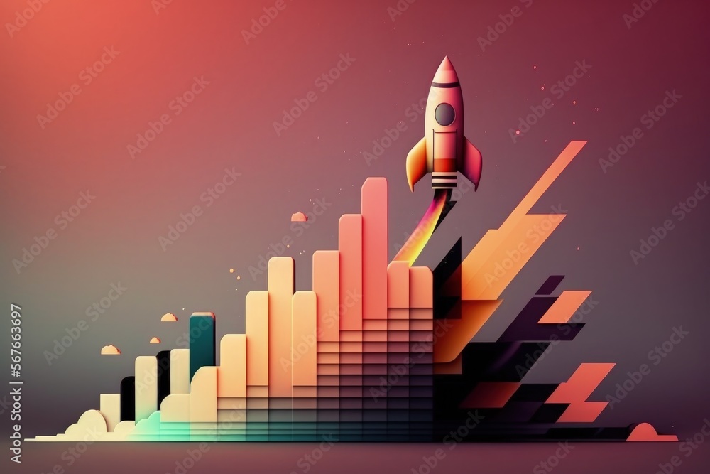 Rocket ship illustration with bar chart, gradient background ...