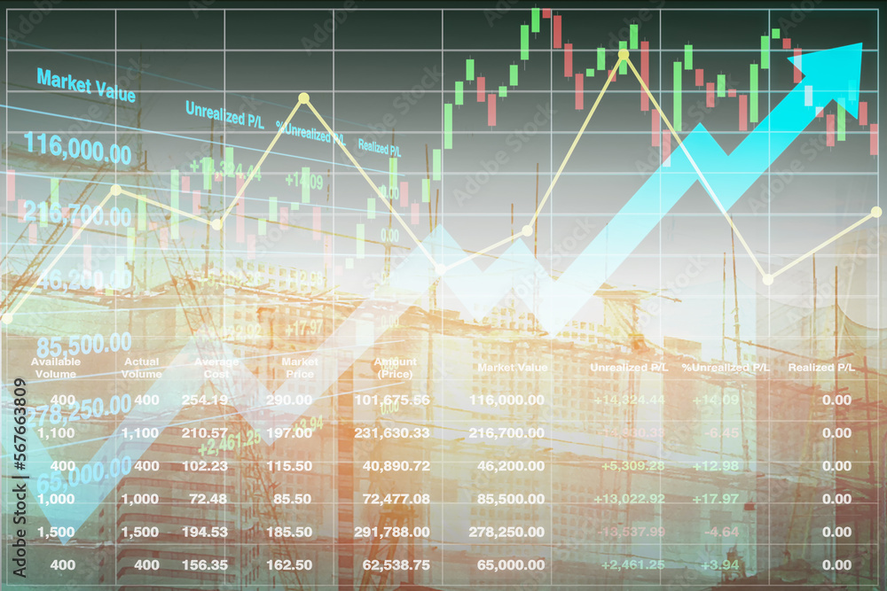 Double exposure blurry effect image of construction building site with ...
