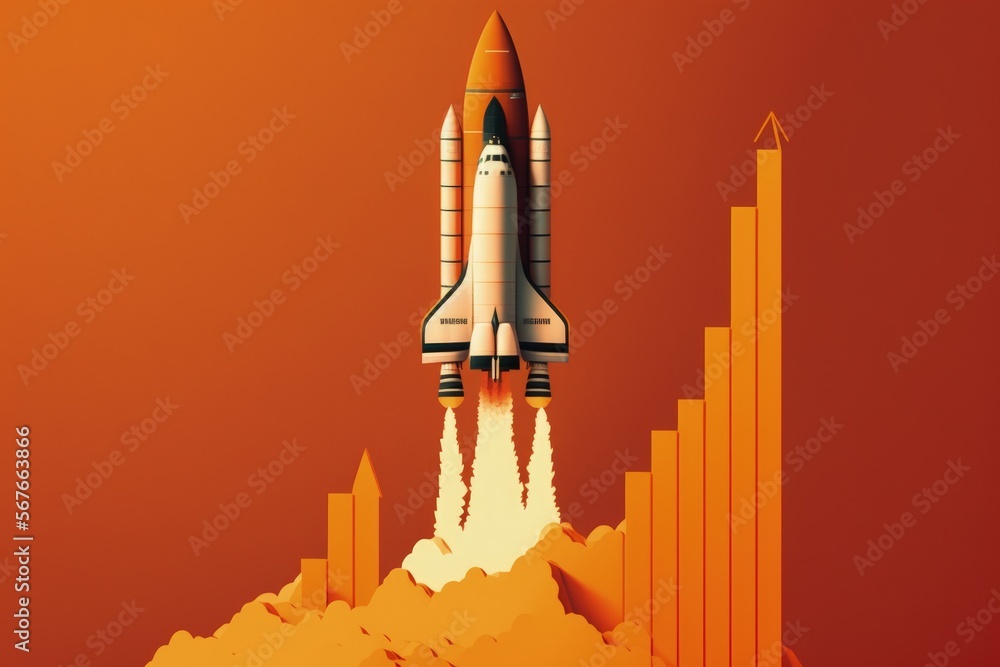 Rocket ship illustration with bar chart, orange background. Generative ...