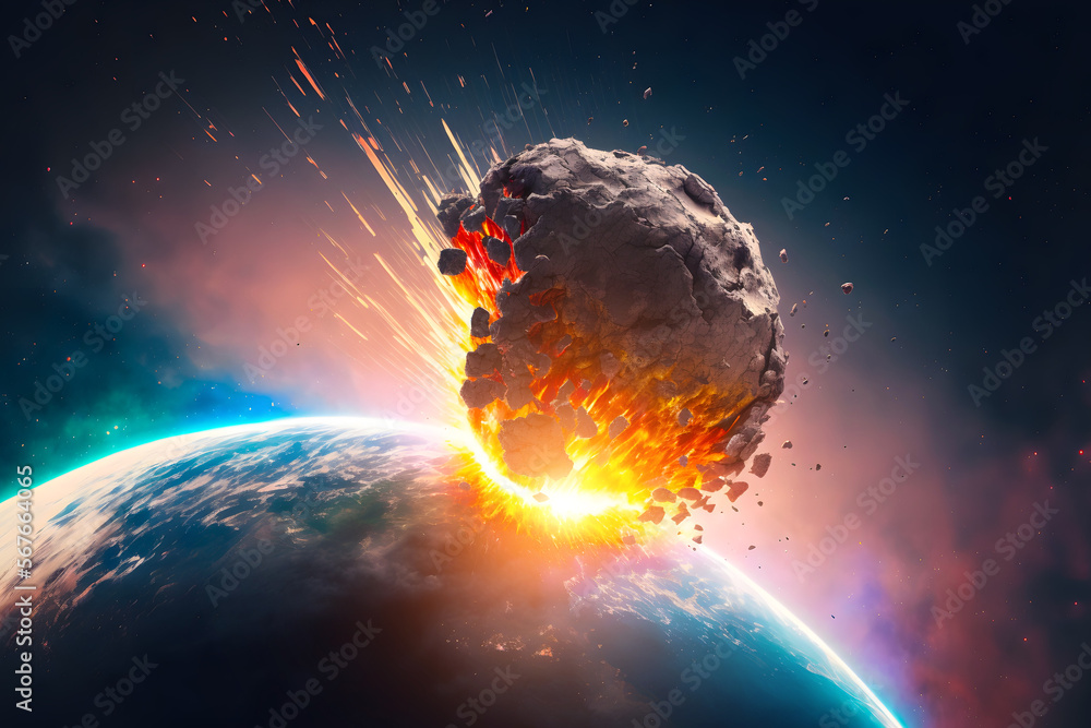 Asteroid impact, end of world, judgment day. Group of burning exploding ...