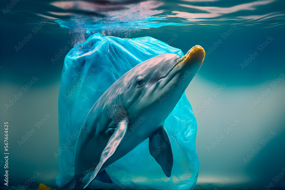 Live swimming dolphin is entangled in a plastic bag, in dirty water in ...