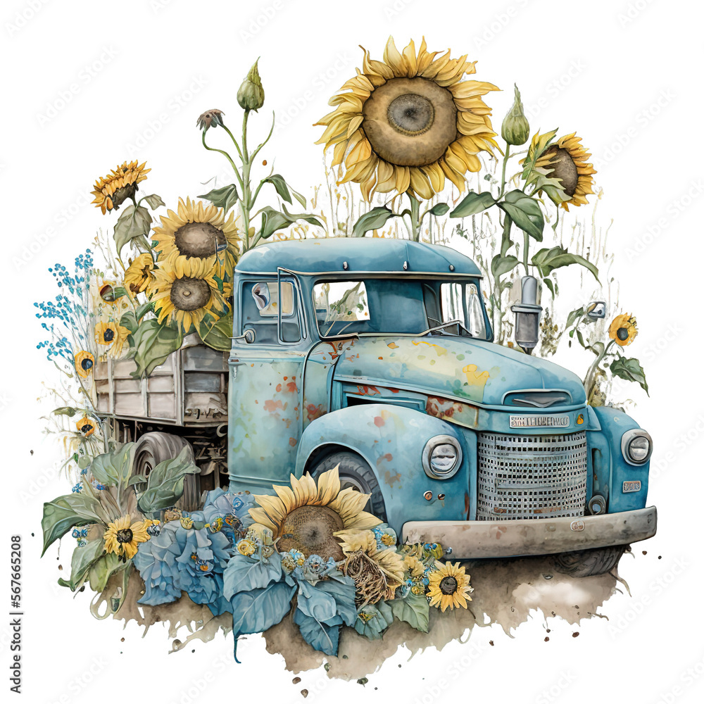 Vintage Truck Farm Sunflowers spring flowers PNG Transparent Files ...