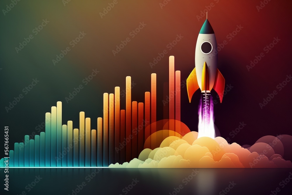 Rocket ship illustration with bar graph, gradient background ...