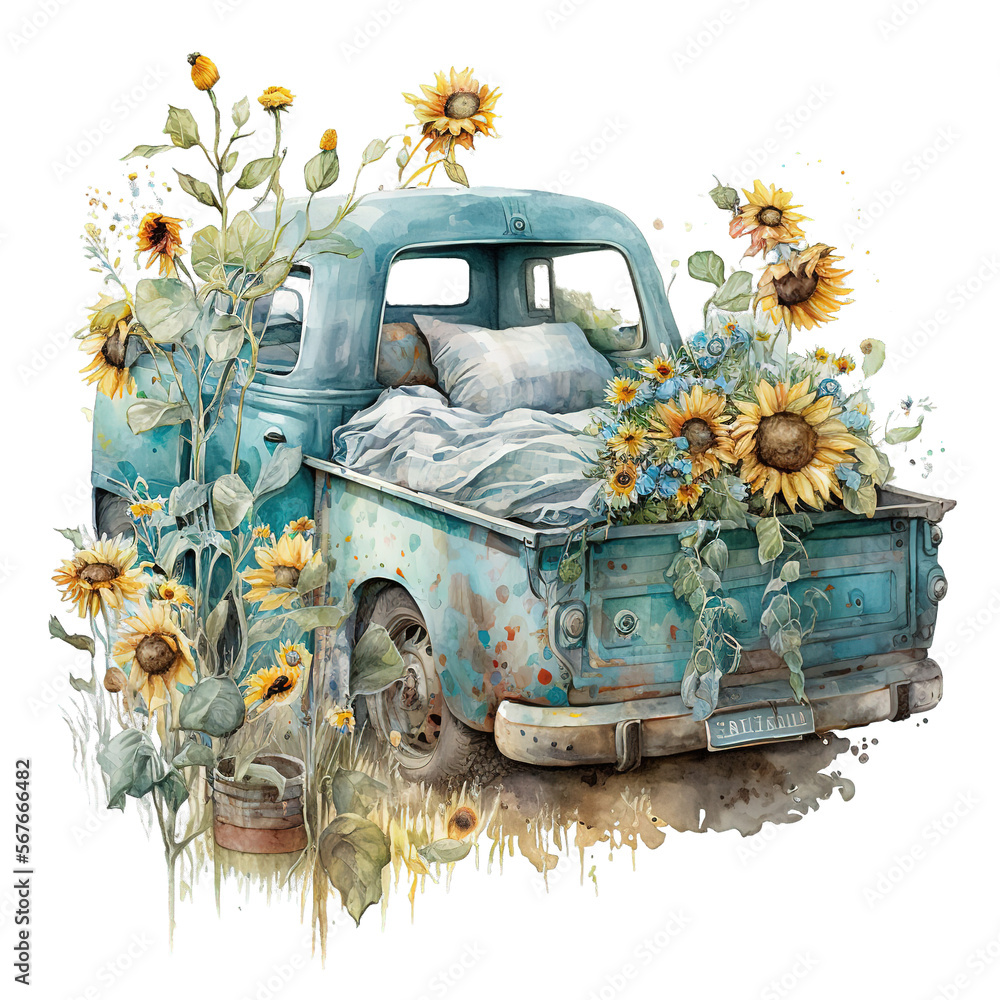 Vintage Truck Farm Sunflowers spring flowers PNG Transparent Files ...