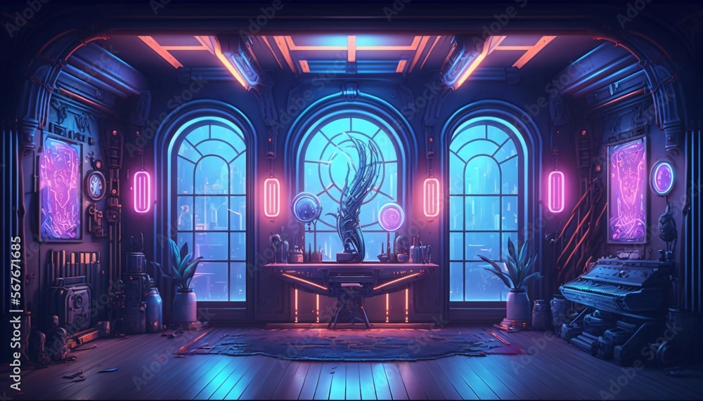 steampunk interior design with neon lights, fantasy retro hall, in a ...