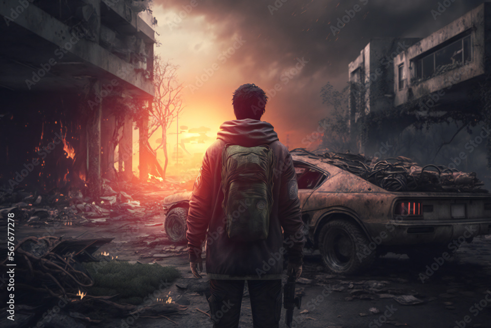 Post apocalyptic survivor in gas mask. Environmental disaster ...