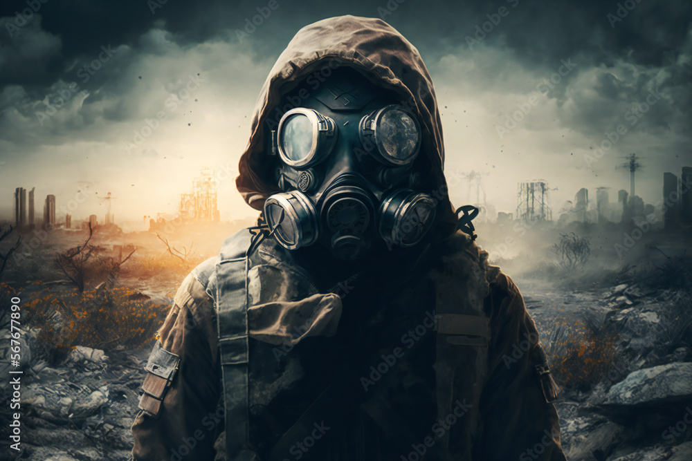 Post apocalyptic survivor in gas mask. Environmental disaster ...
