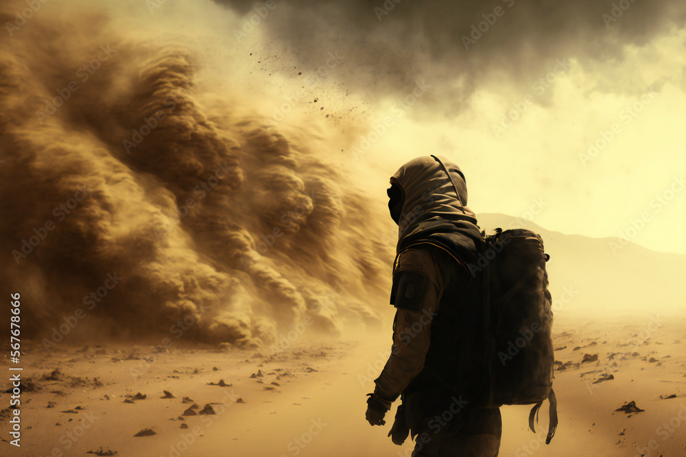 Post apocalyptic survivor in gas mask. Environmental disaster ...