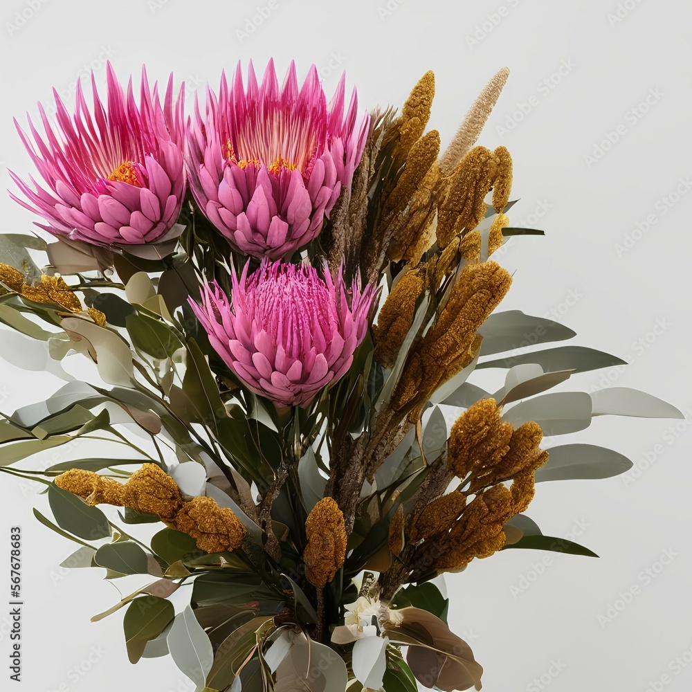 Beautiful dried flower arrangement in a stylish pink vase. In the flower bunch is pink King ...