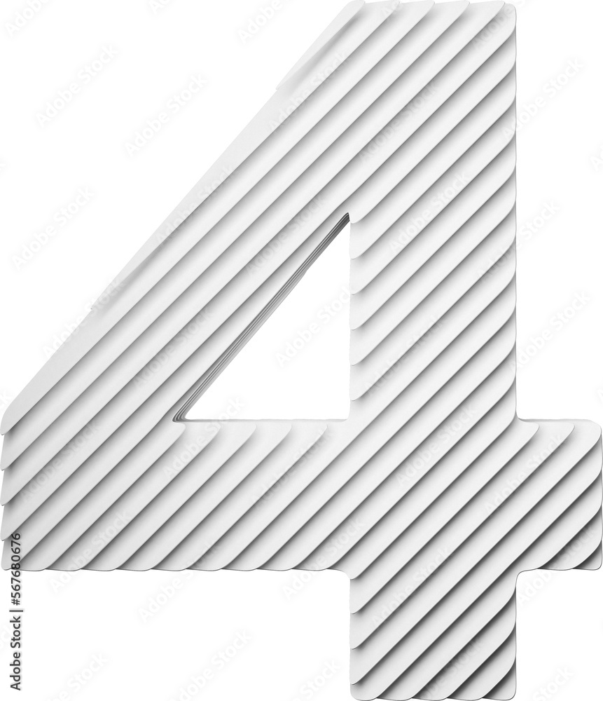White 3d sliced paper arabic number 4. Parametric volumetric font Stock ...