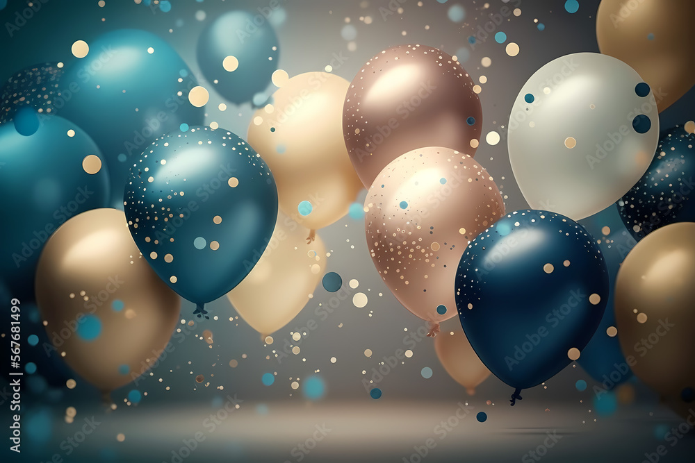 Realistic party background with blue and golden balloons and confetti ...