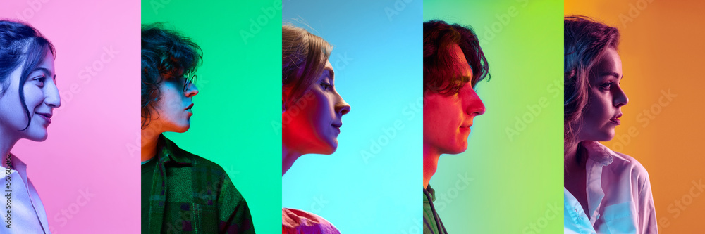 Side view portraits of young people, men and women posing with ...
