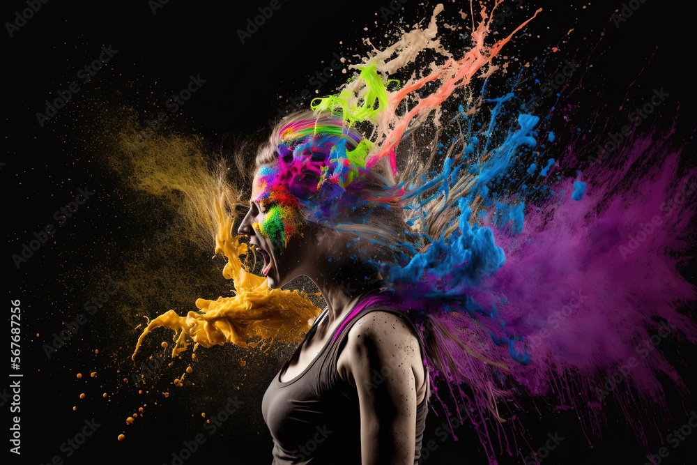 Spectacular Splatter Explosion: Young Woman Screaming with Colored Hair ...