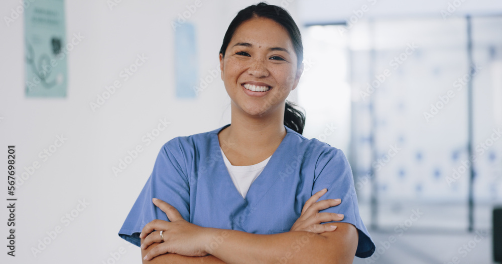 Nurse, face or arms crossed in hospital clinic with wellness motivation ...