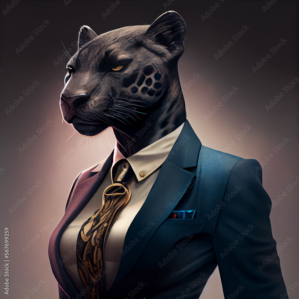 Business-woman portrait with the black panther head. An animal of the ...