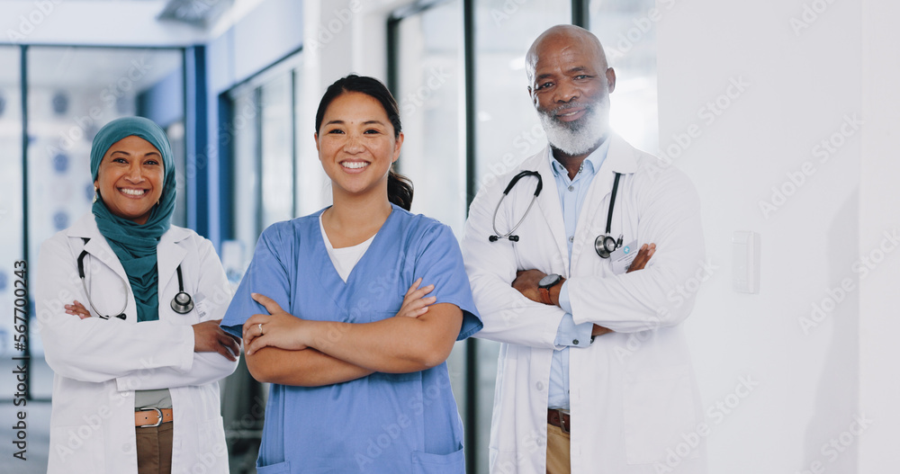 Diversity, doctors and student portrait in hospital with happy face ...