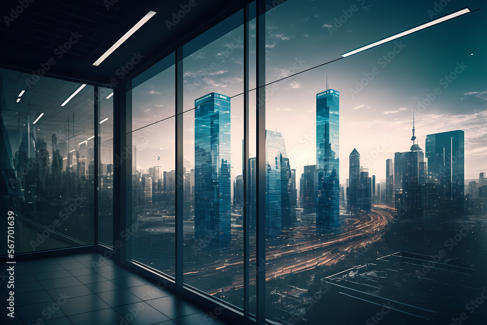 Big city view with glowing sun or sunset on cloudy sky background ...