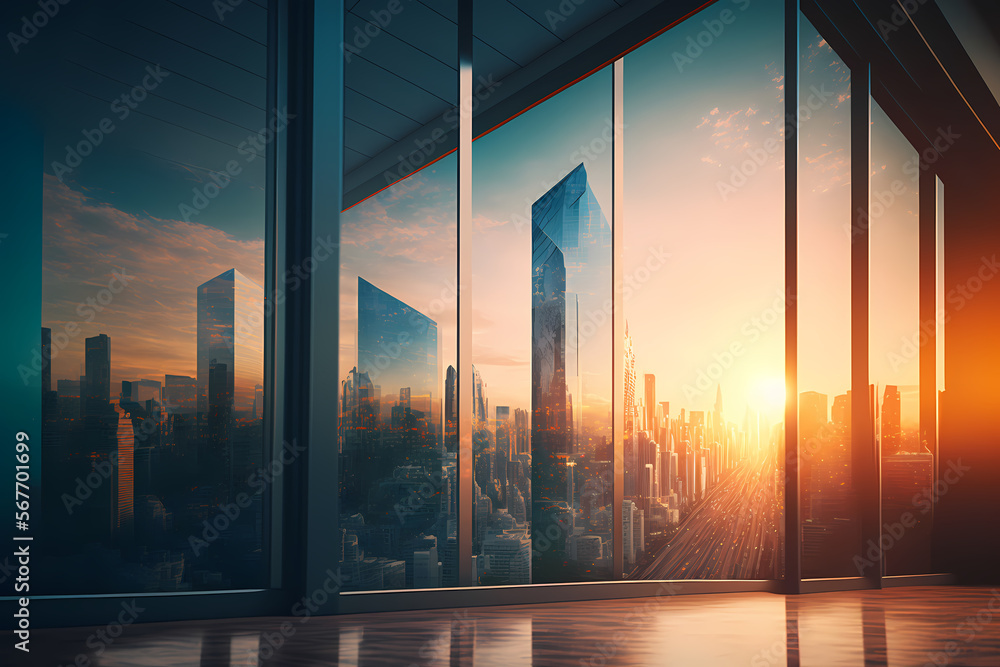 Big city view with glowing sun or sunset on cloudy sky background ...