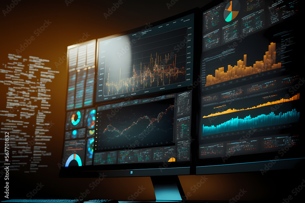 A computer screen displaying multiple financial reports and graphs and ...