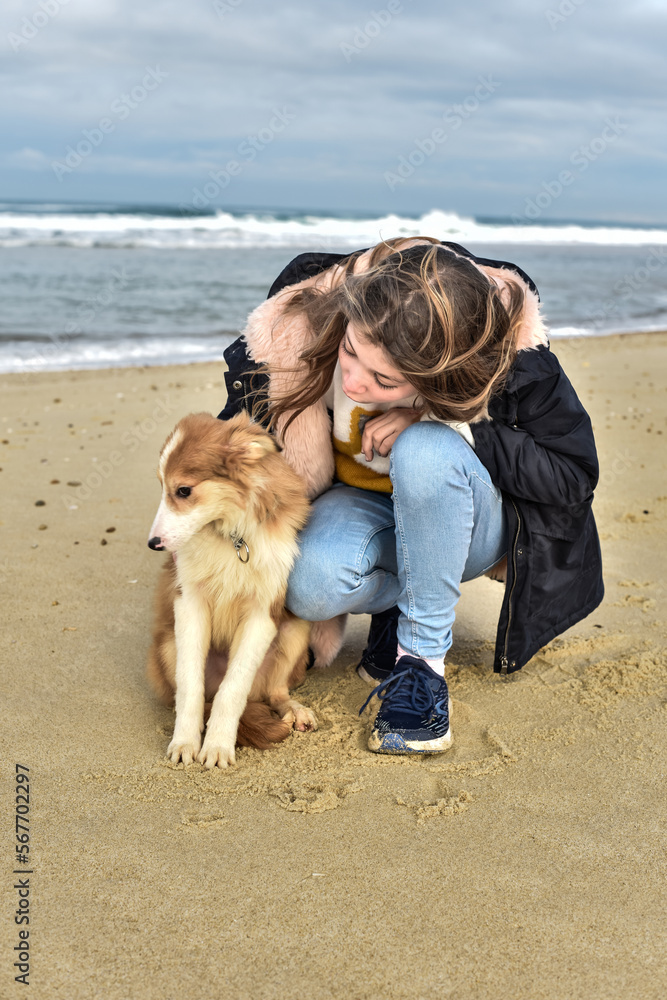 Pretty young girl cuddling her young Border Collie on the beaches of ...