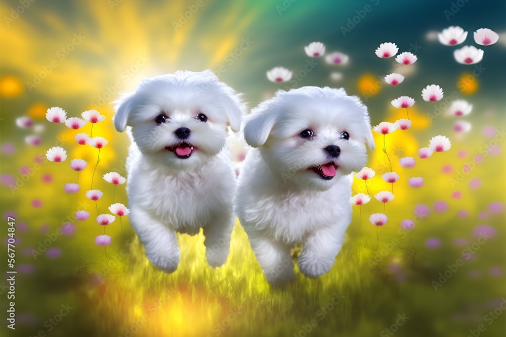 Two adorable white Maltese puppies are happily running through a ...