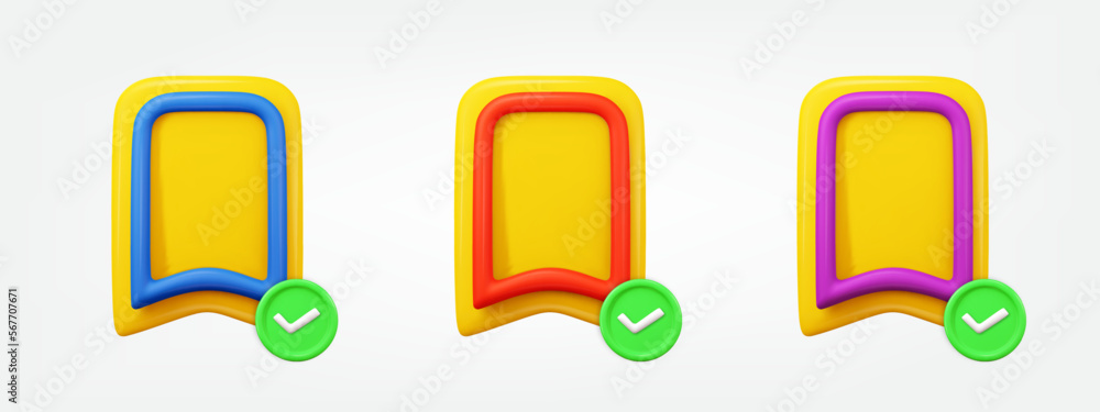 Bookmark check 3d icon set. realistic prohibited sign vector ...