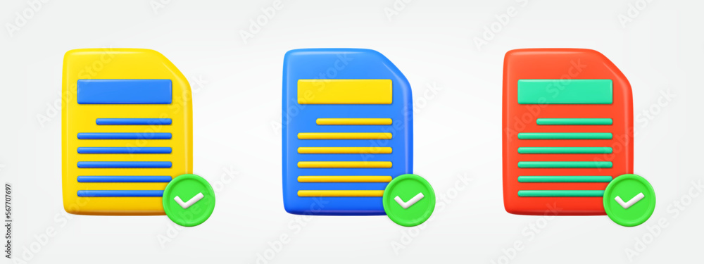 Document verification 3d icon set. realistic information check vector ...