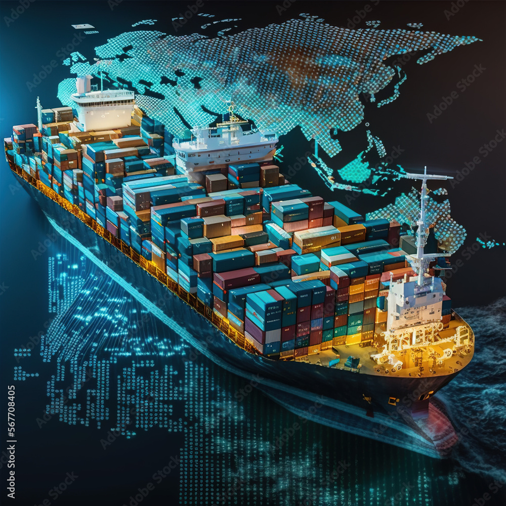 Aerial view container ship with world map digital network business ...