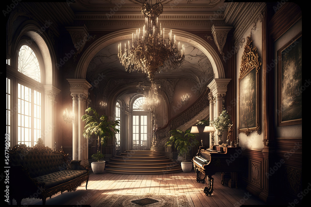 Entrance hall in Victorian style. Luxurious interior, ceiling ...
