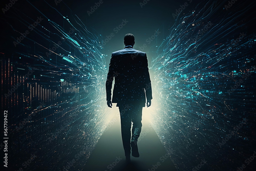 Business man walking into a field of technology and data with ...
